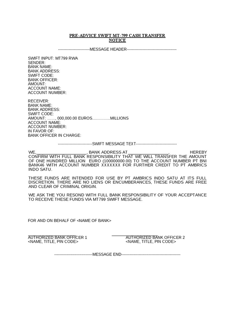 MT799 CASH TRANSFER NOTICE MT799 | PDF | Letter Of Credit | Banking