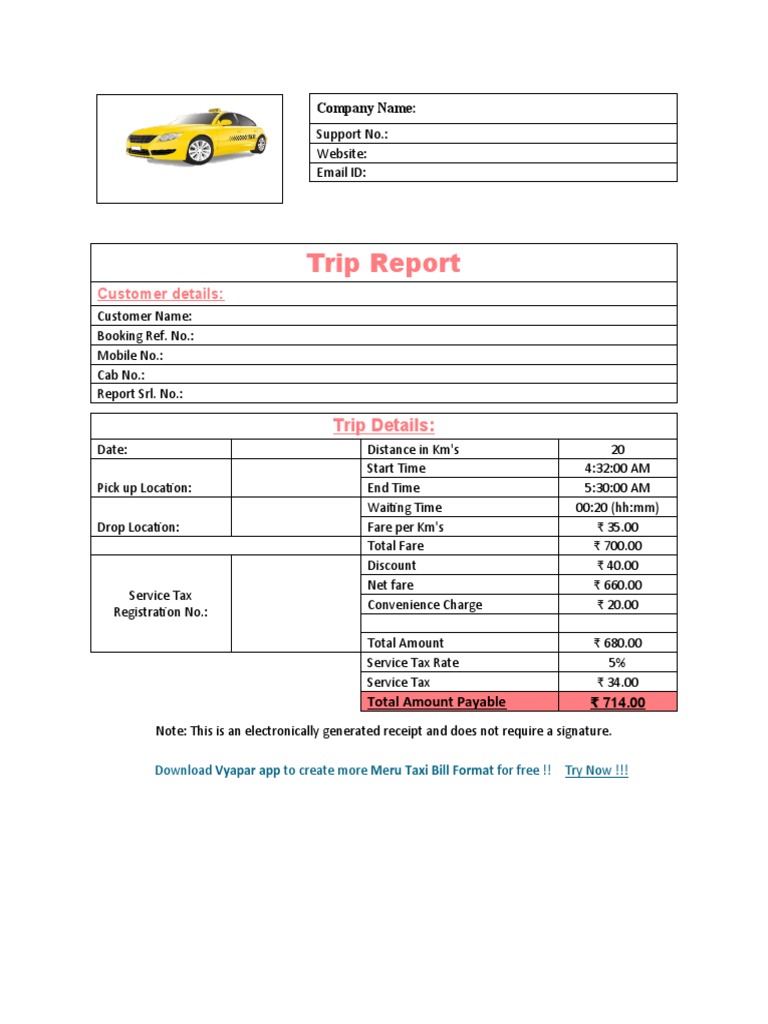 Meru Taxi Bill Format Template | PDF