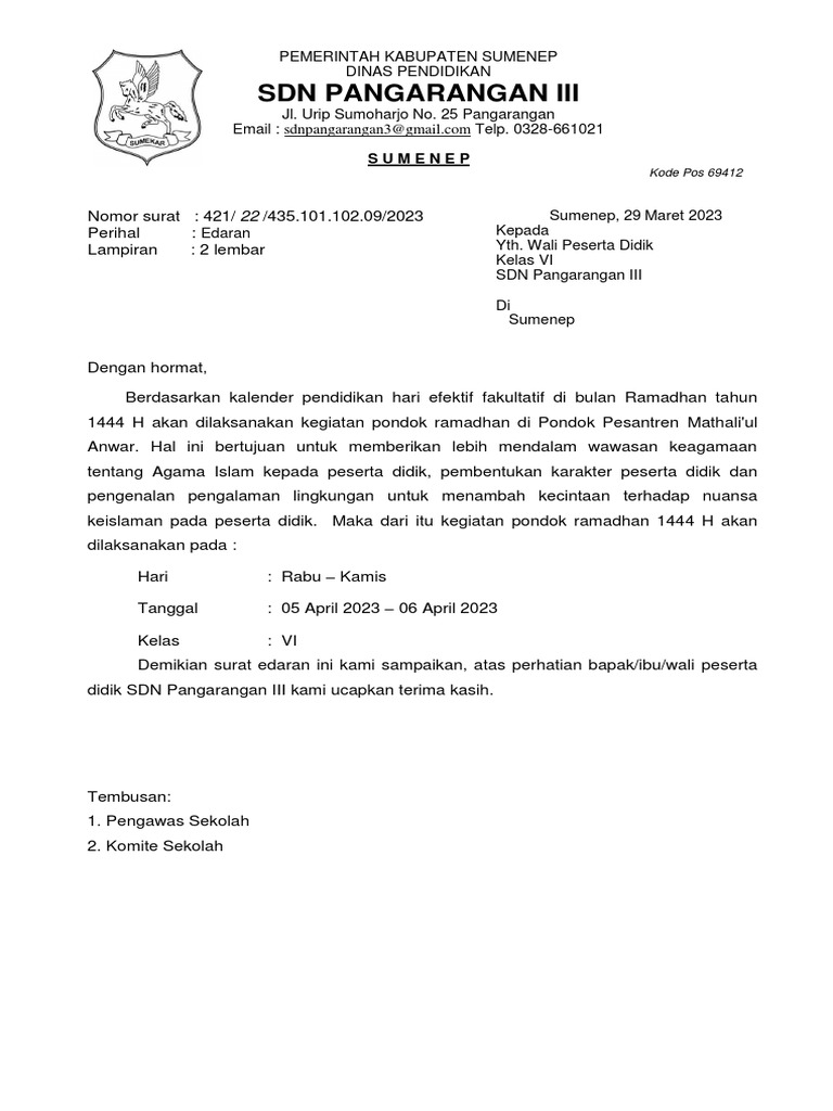 Surat Edaran Pondok Ramadhan Kelas VI | PDF