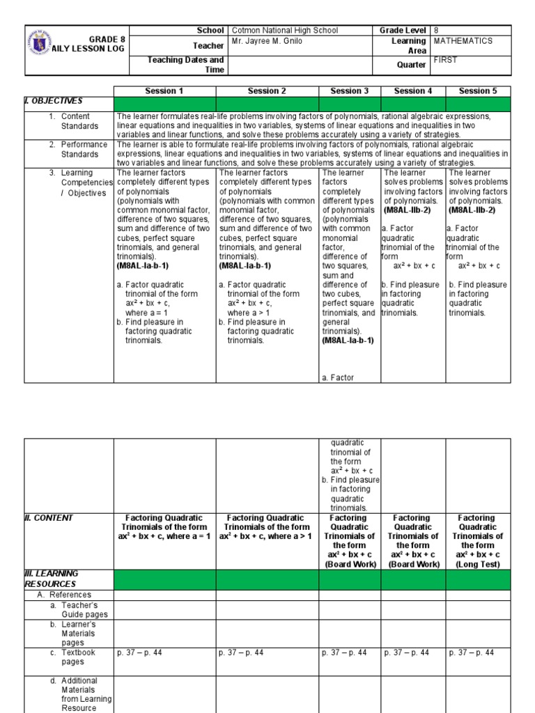Grade 8 Math: Factoring Trinomials | PDF | Polynomial | Equations