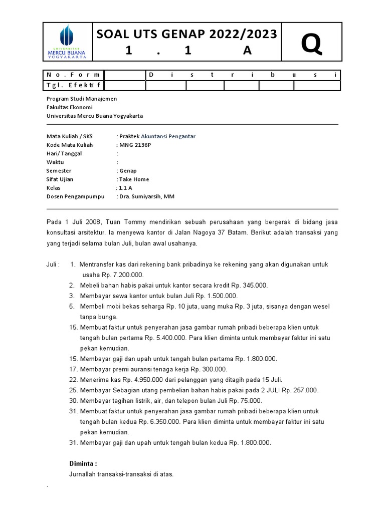 Soal Praktek Akuntansi Pengantar 1.1 A | PDF