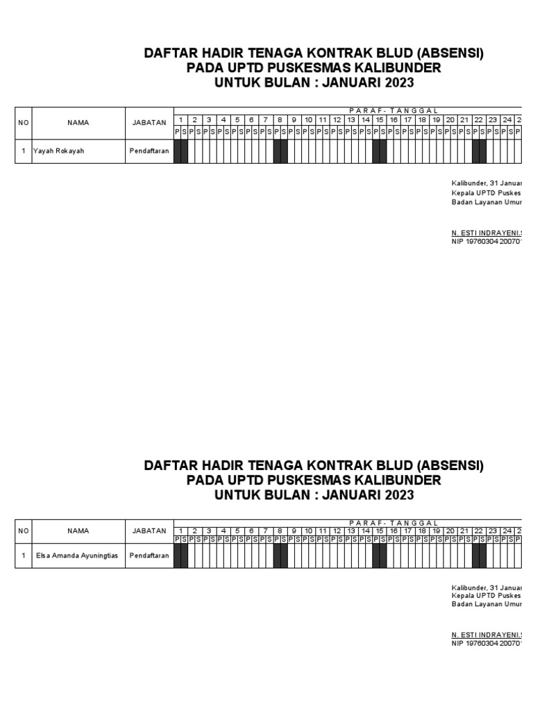ABSEN BULANAN Kontrak BLUD 2023 | PDF