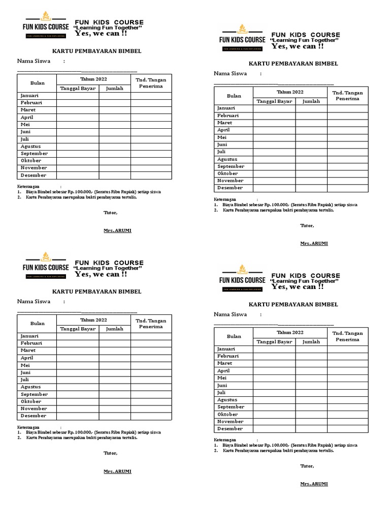 Kartu Pembayaran Bimbel | PDF