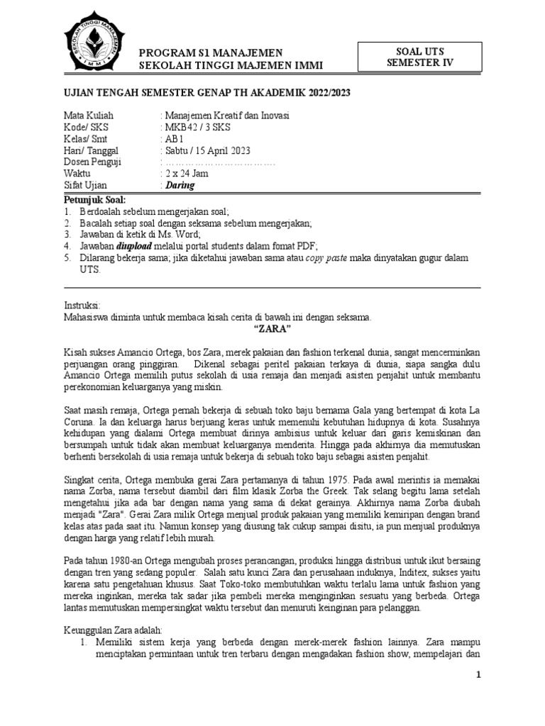 KOP SOAL UTS S1 Manajemen Kreativitas Dan Inovasi AB1 | PDF
