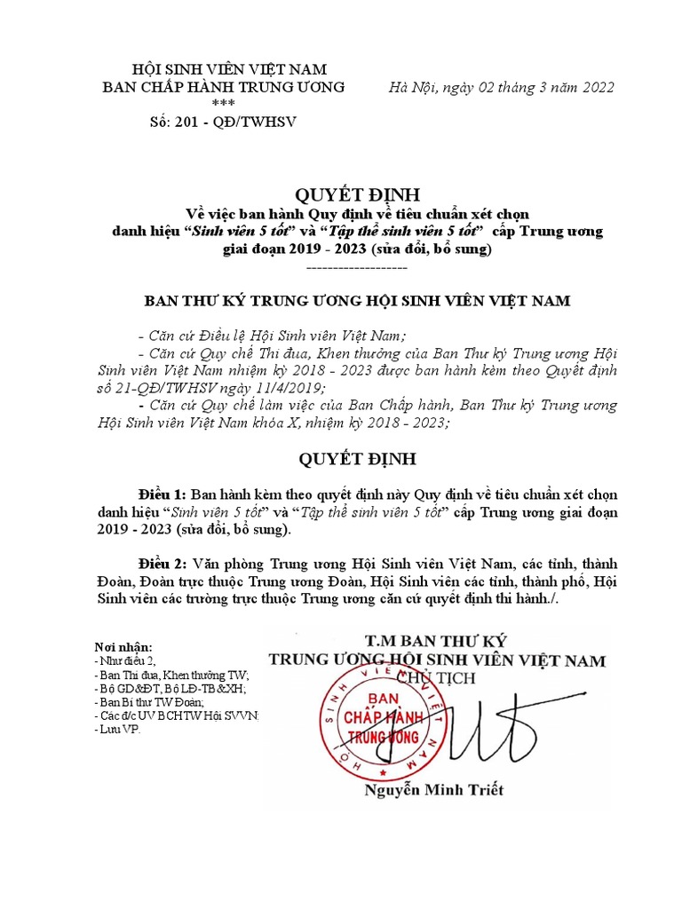 Kem CV351 (QD201) QD Tieu Chuan Xet Chon Sinh Vien 5 Tot Final - Scan | PDF