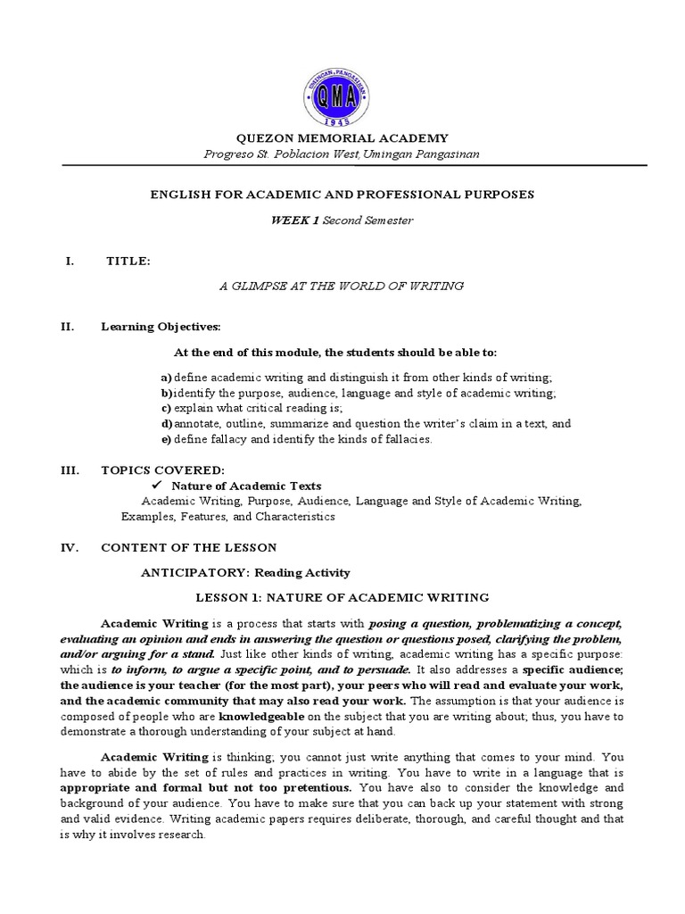 EAPP Outline Week 1 | PDF