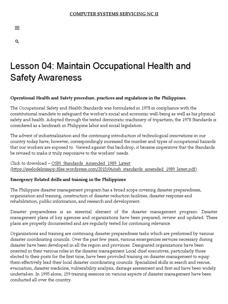 Lesson 04 - Maintain Occupational Health and Safety Awareness - Computer Systems Servicing NC II ...