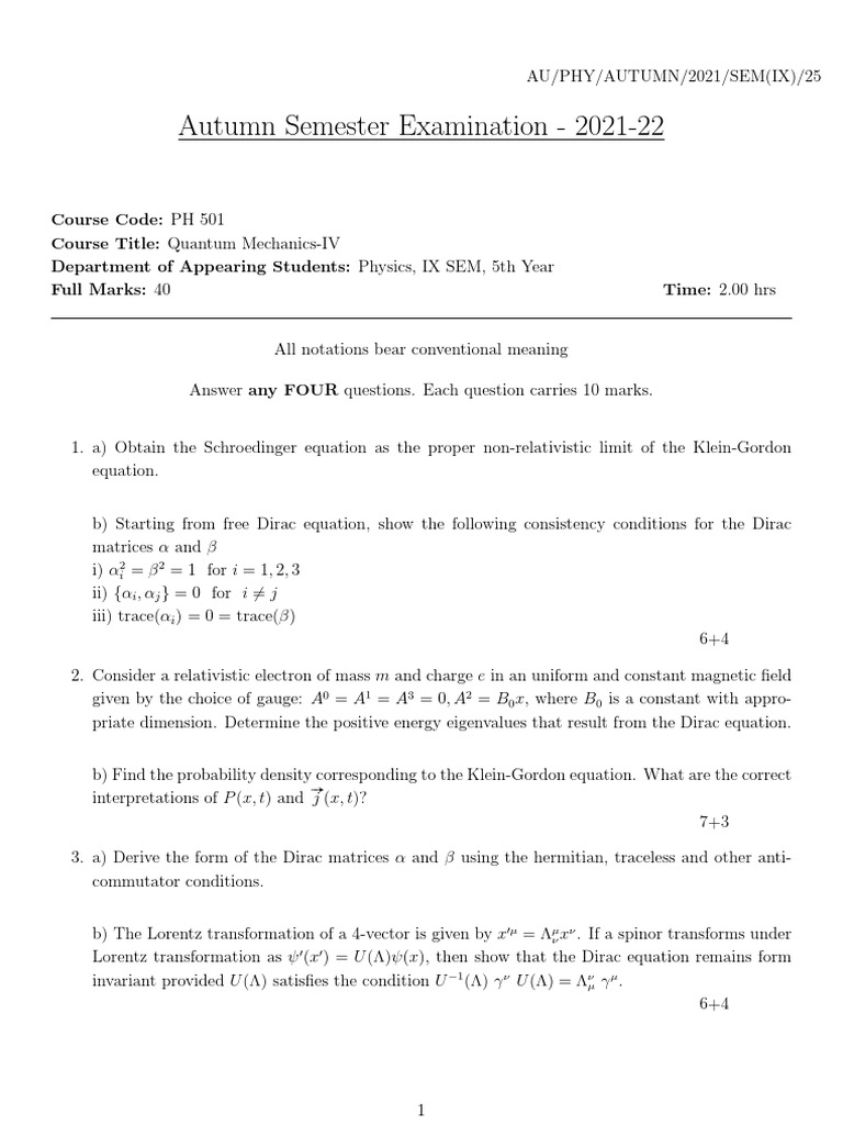 SEMESTER-IX - Physics Questions - 2021-22 - AU PDF | PDF | Wave Function | Schrödinger Equation