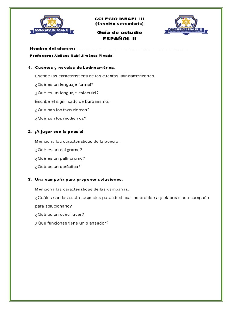 Gía de Estudio Español 2° (Segundo Trimestre) | PDF