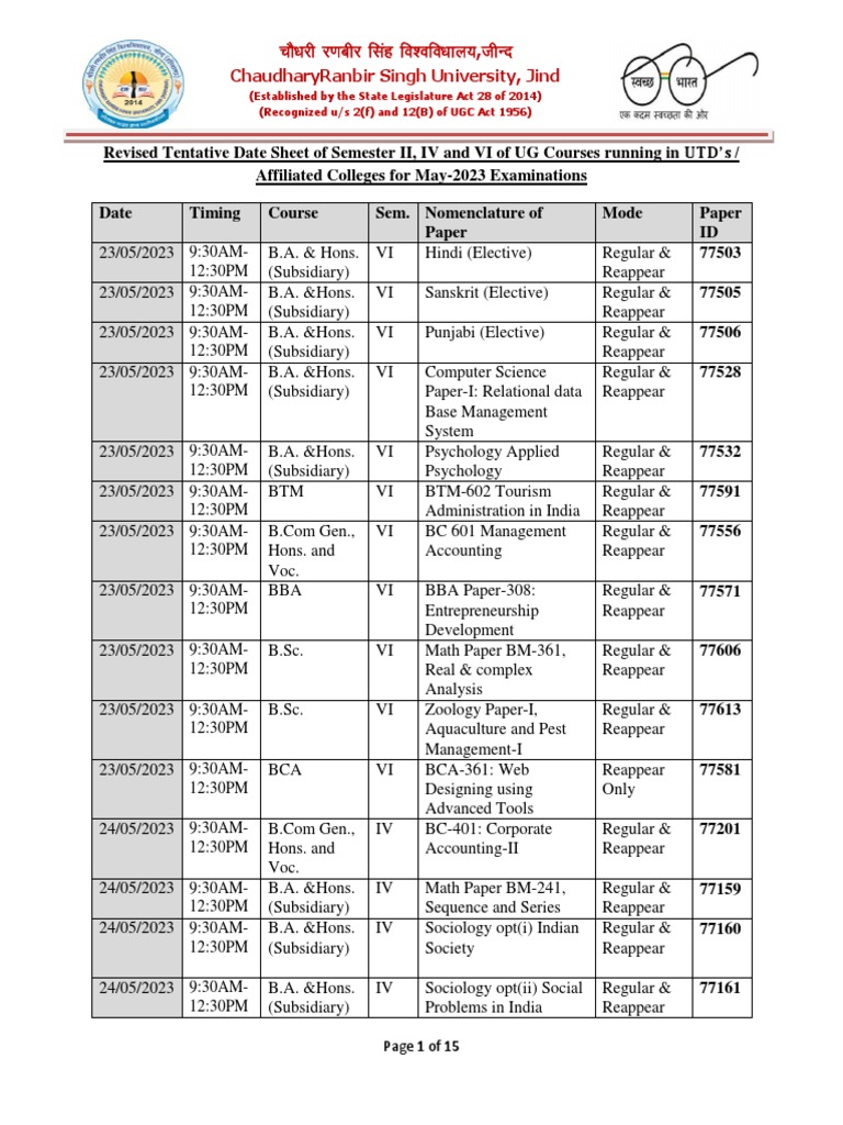 May 2023 UG Exam Date Sheet | PDF | Mathematics | Bachelor Of Arts