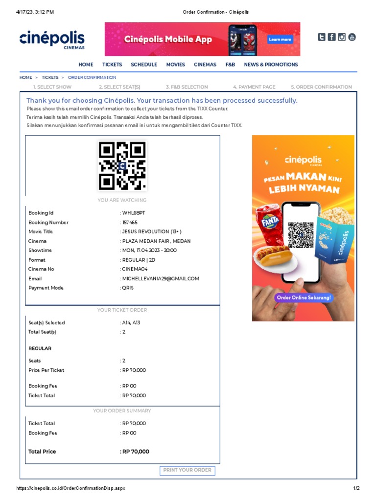 Order Confirmation - Cinépolis PDF | PDF