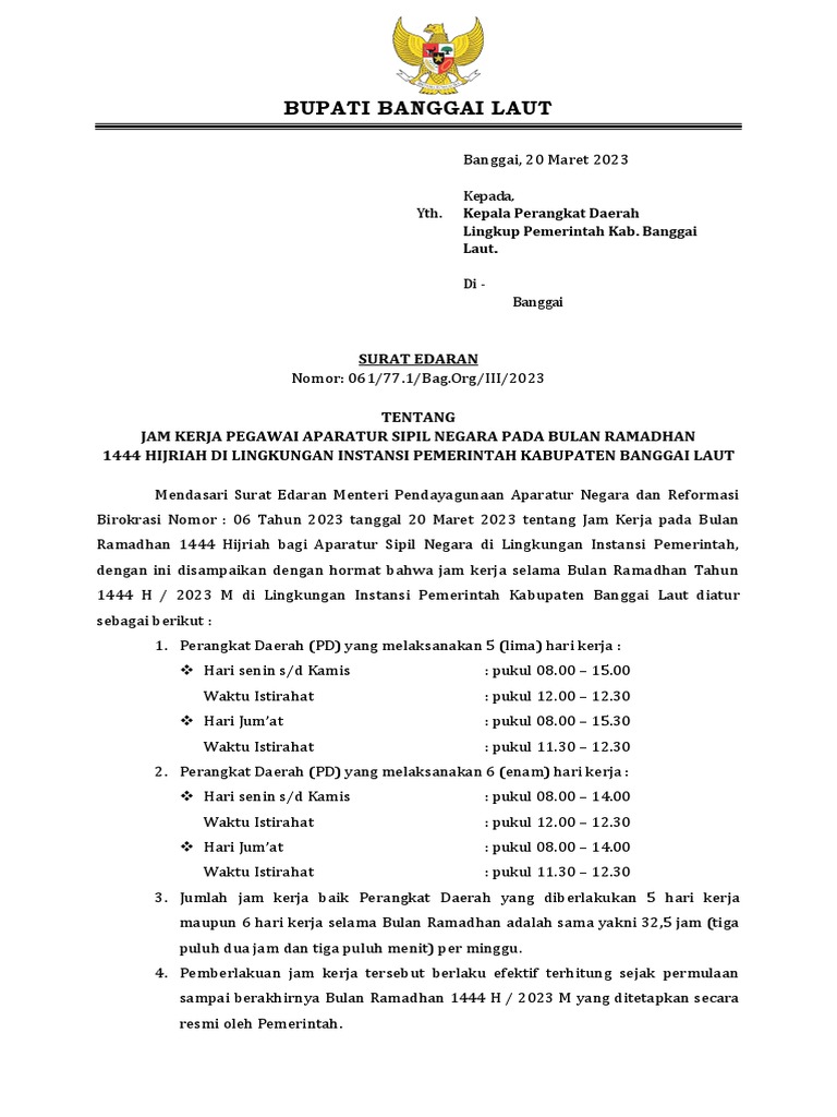 Surat Edaran Jam Kerja Ramadhan 2023 PDF | PDF