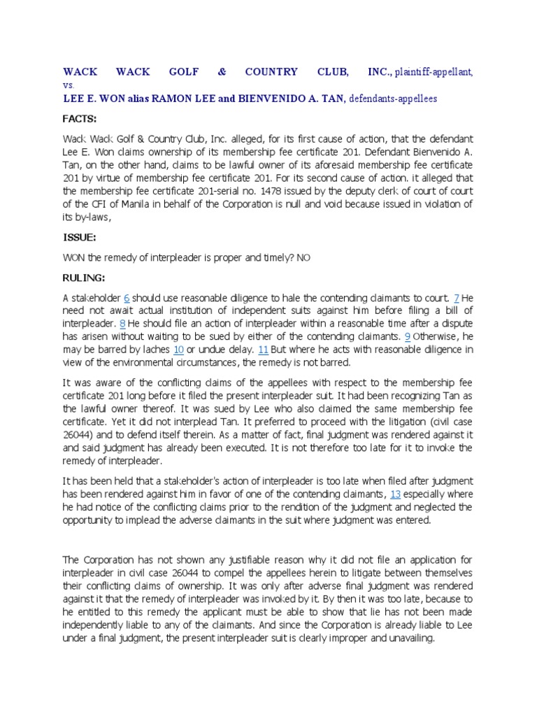 Wack Wack Golf Club files late interpleader suit | PDF | Lawsuit ...