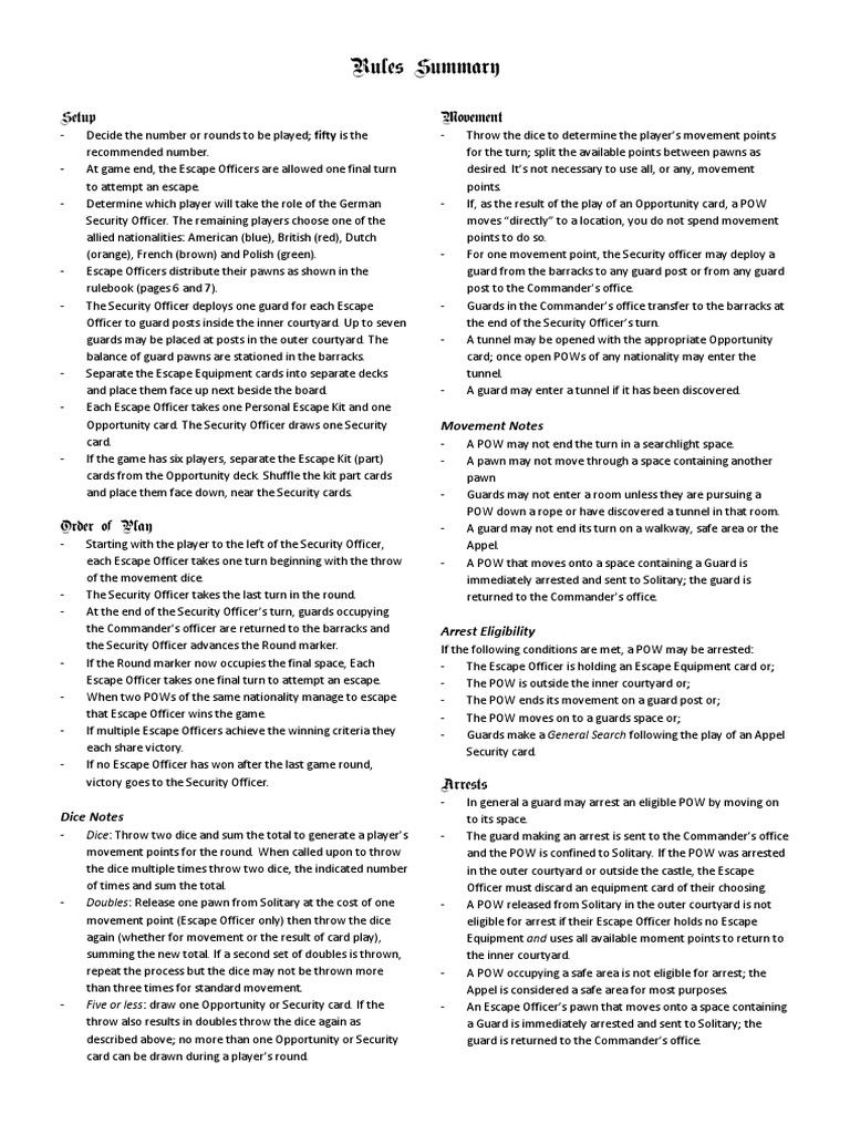Escape From Colditz - Rules Summary (Osprey Edition) v3 | PDF
