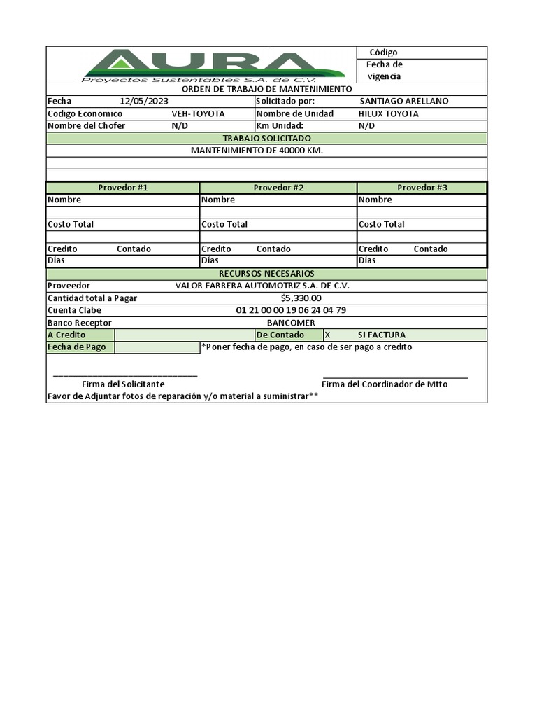 Orden de Mtto Veh-Toyota Hilux | PDF