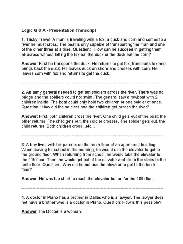 Logic Puzzles and Solutions Guide | PDF | Question