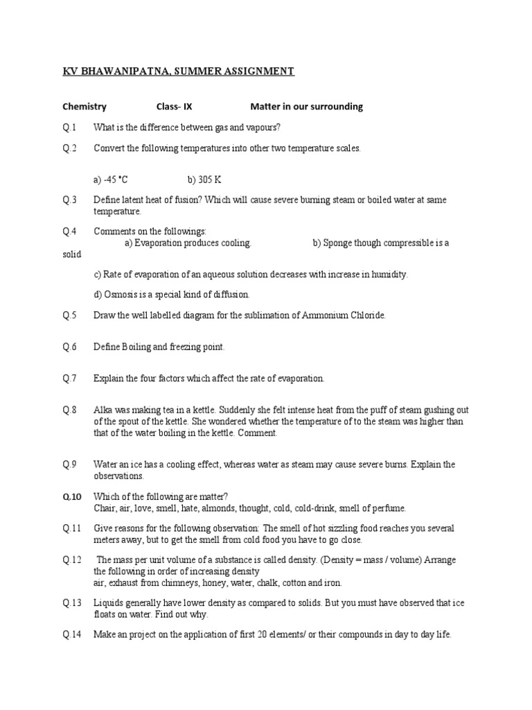 Summer Assignment Class 9 Chem 23-24 | PDF