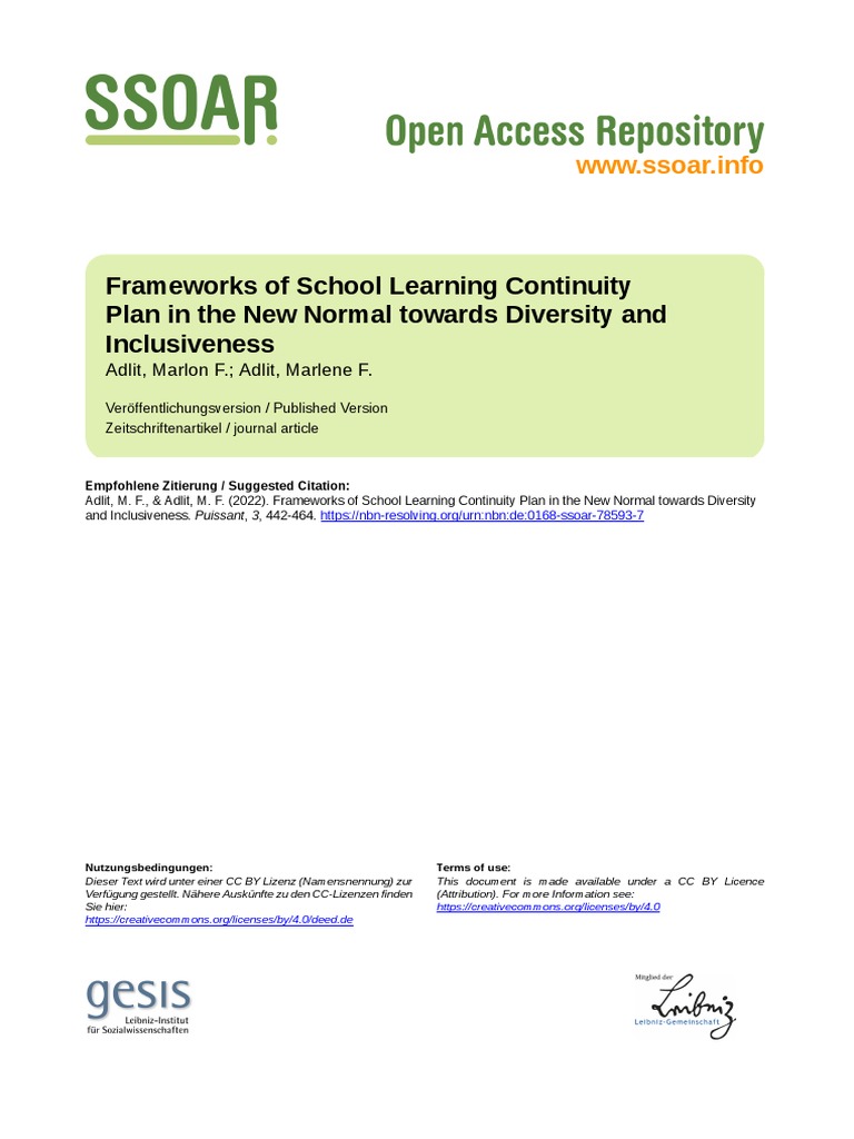 Frameworks of School Learning Continuity Plan in The New Normal Towards Diversity and ...