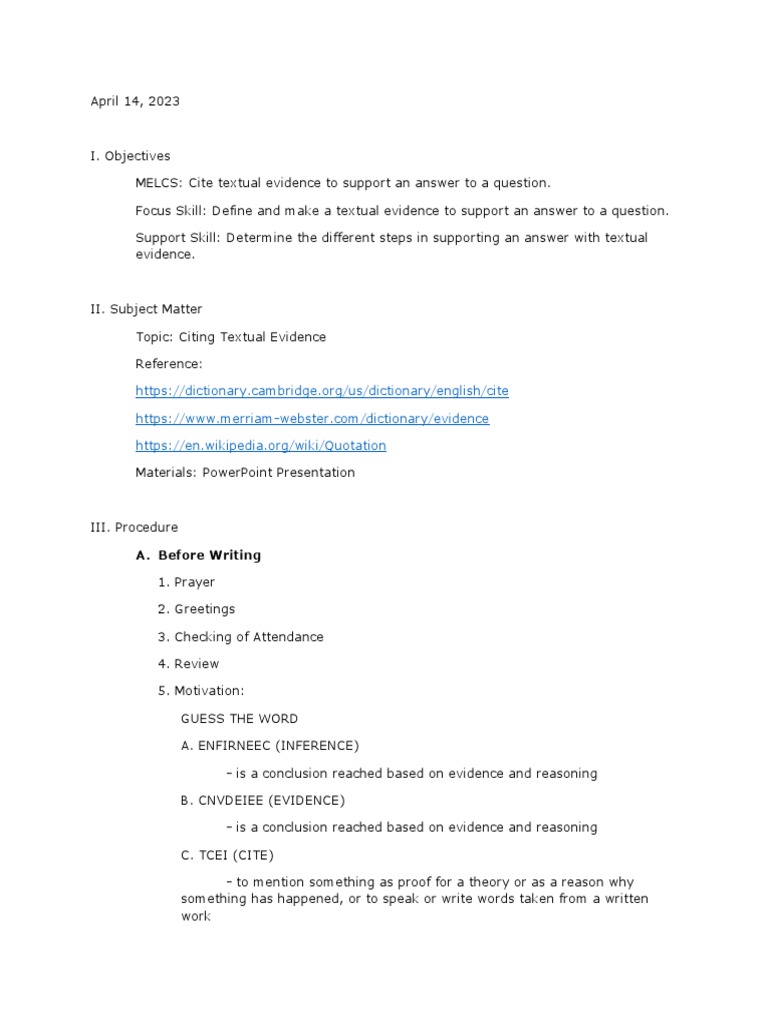 Citing Textual Evidence | PDF | Evidence | Reason