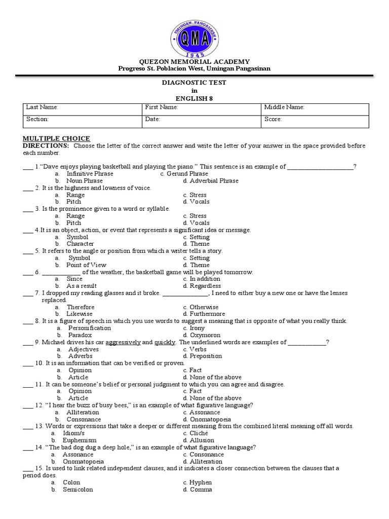 English 9 Diagnostic Test | PDF | Adverb | Linguistics
