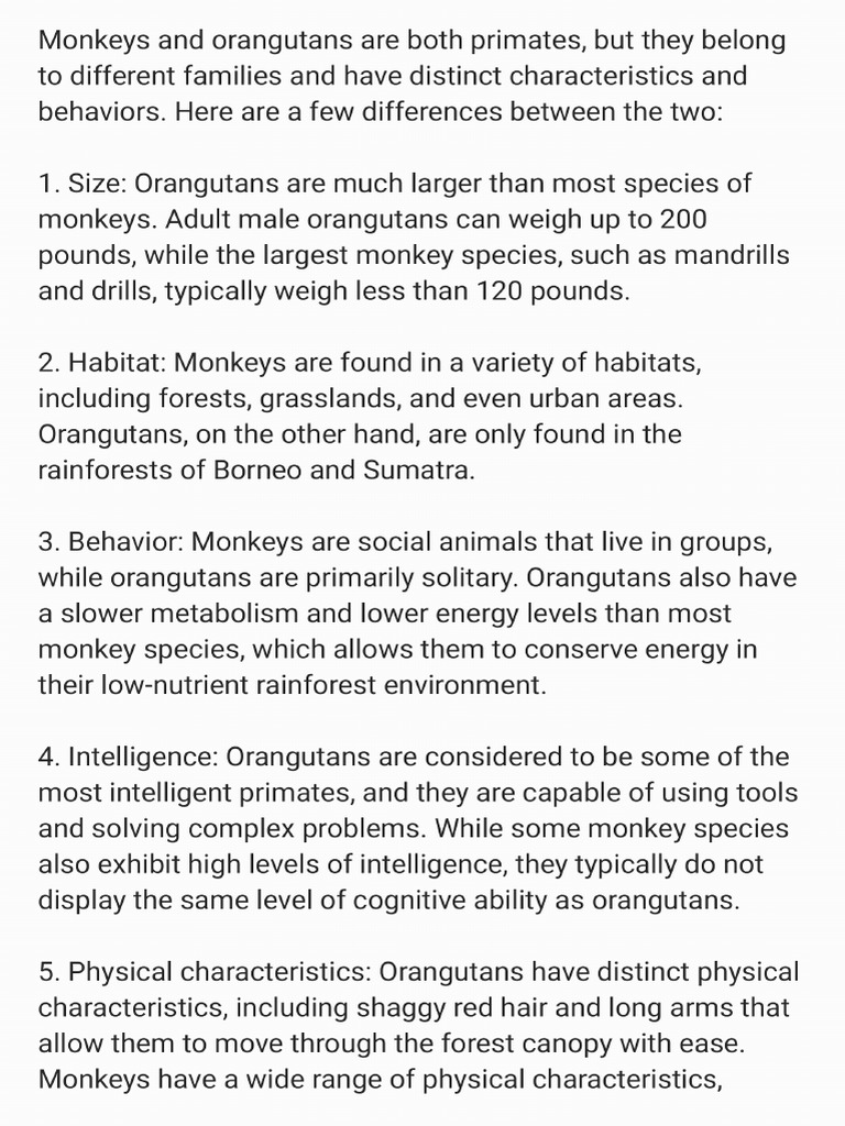 Differences Between Monkeys and Orangutans | PDF