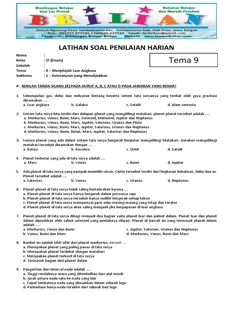 Soal Tema 9 Kelas 6 SD Subtema 1 Keteraturan Yang Menakjubkan Dan Kunci Jawbaan PDF | PDF