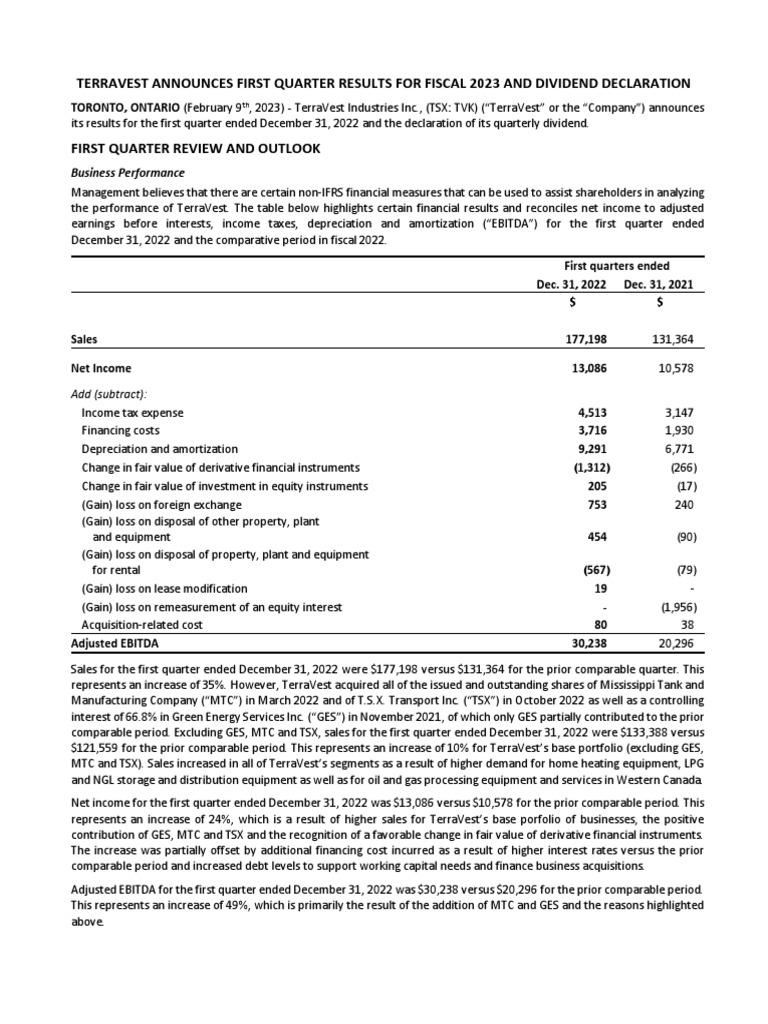 2023-02-09 TVK - Press Release Q1 2023 | PDF | Dividend | Income