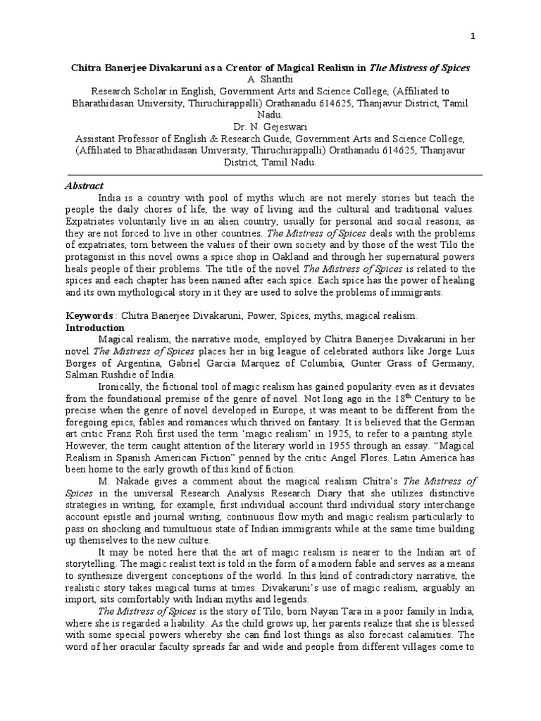 Chitra Banerjee Divakaruni As A Creator of Magical Realism in The ...