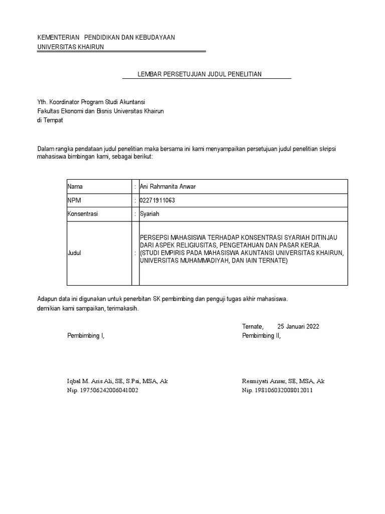 Lembar Persetujuan Judul Proposal | PDF