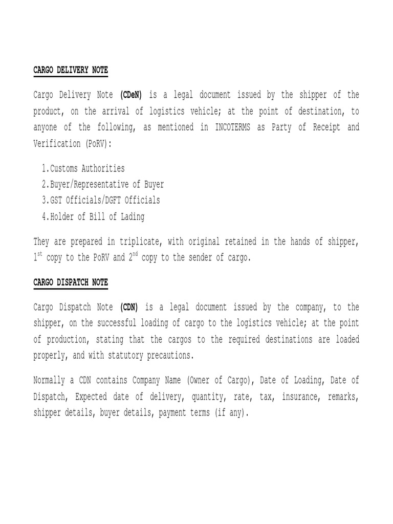 Cargo Delivery & Dispatch Notes Guide | PDF | Finance & Money Management