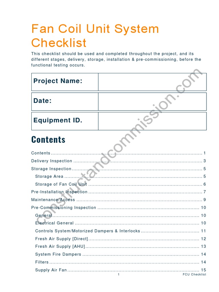 049d Fan Coil Unit Checklist PDF 1 PDF | PDF | Duct (Flow) | Machines