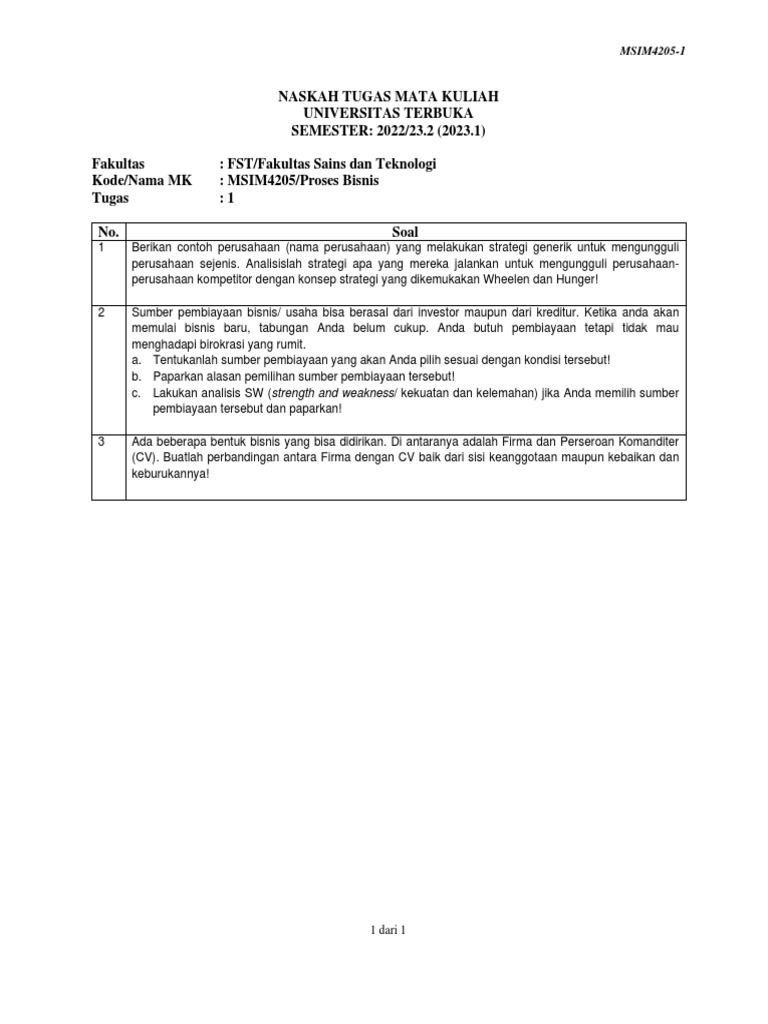 Soal Msim4205 tmk1 1 PDF | PDF