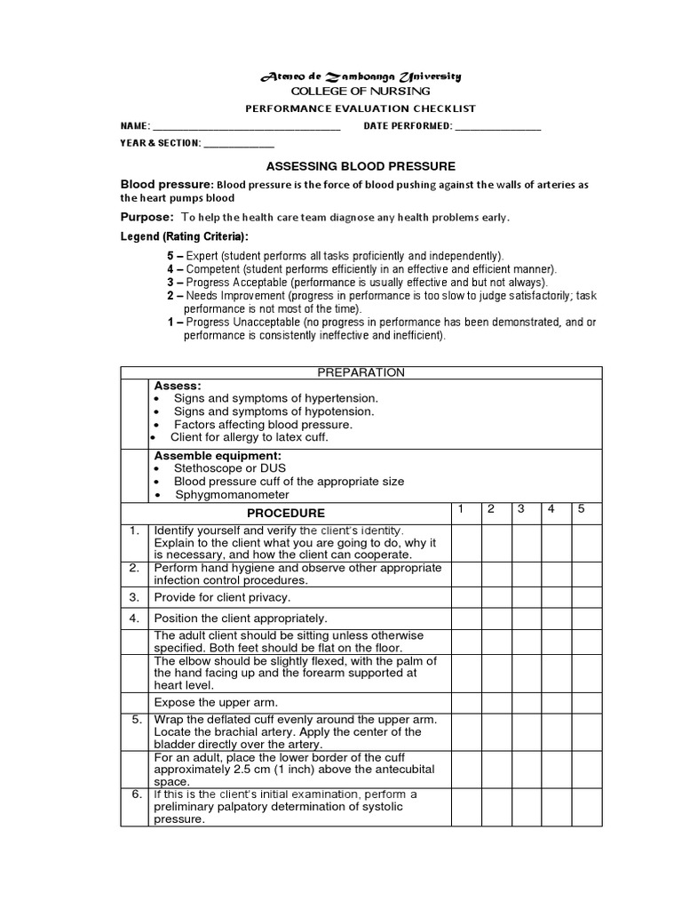 Assessing Blood Pressure: A Performance Evaluation Checklist for ...