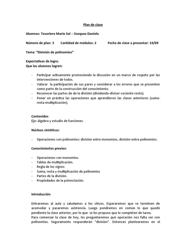 Plan de Clase 3 | PDF | División (Matemáticas) | Álgebra abstracta