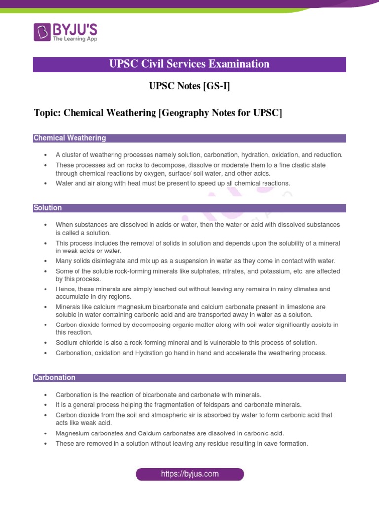 Chemical Weathering Geography Notes For UPSC PDF | PDF | Weathering | Water