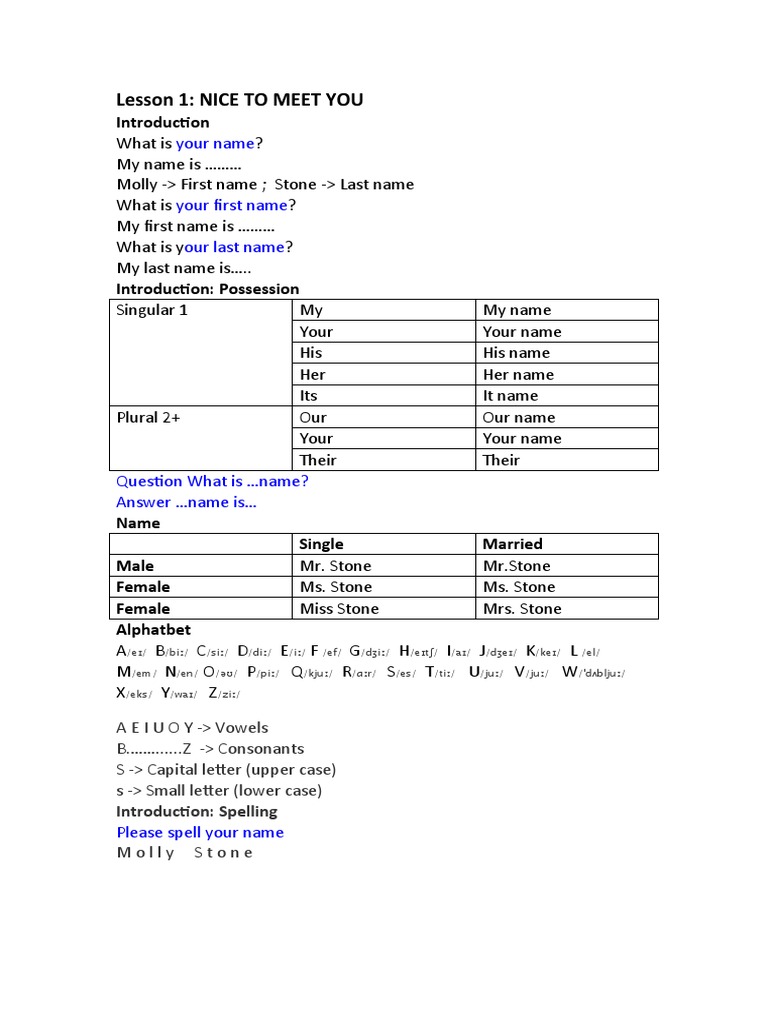 Lesson 1 NICE TO MEET YOU | PDF | Linguistics | Languages