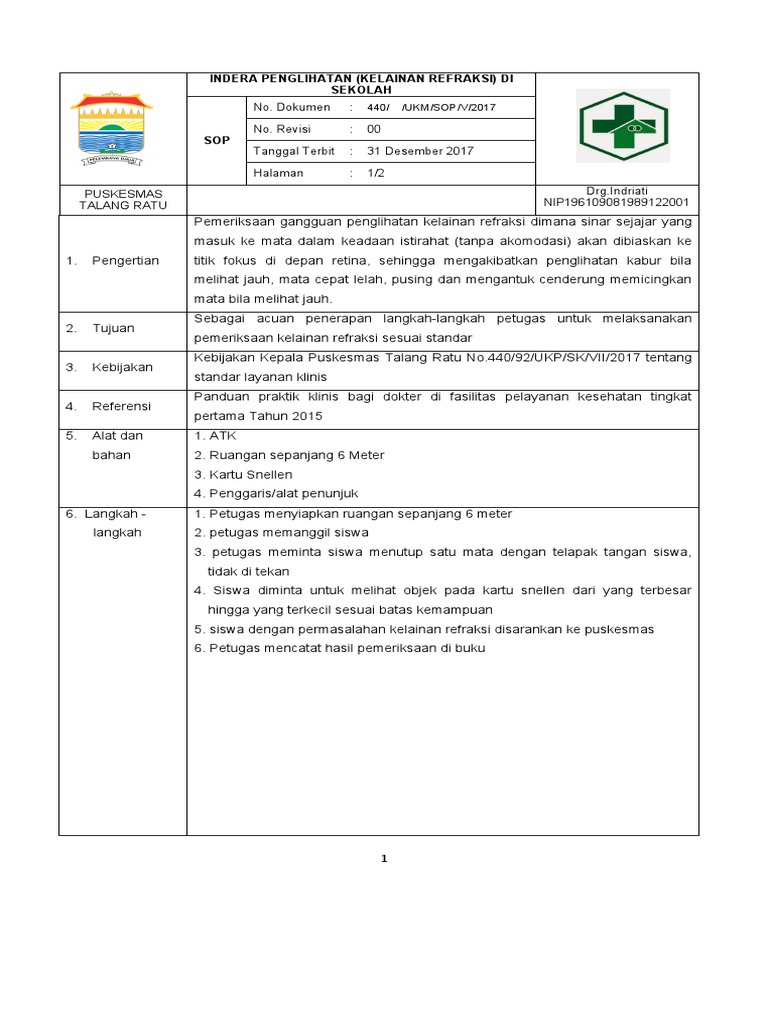 Sop Indera Penglihatan (Kelainan Refraksi) Di Sekolah | PDF