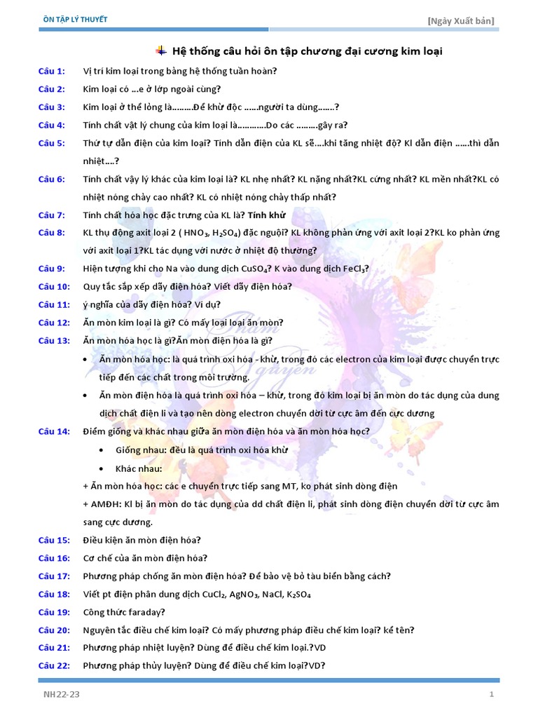 Hệ thống câu hỏi ôn tập chương đại cương kim loại: Câu 1: Câu 2: Câu 3: Câu 4: Câu 5 | PDF