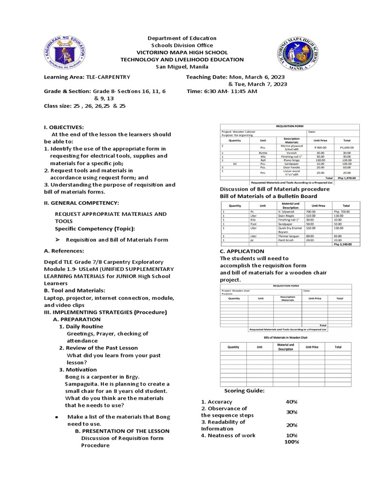 Request Appropriate Materials and Tools Using Requisition and Bill of Materials Forms | PDF ...