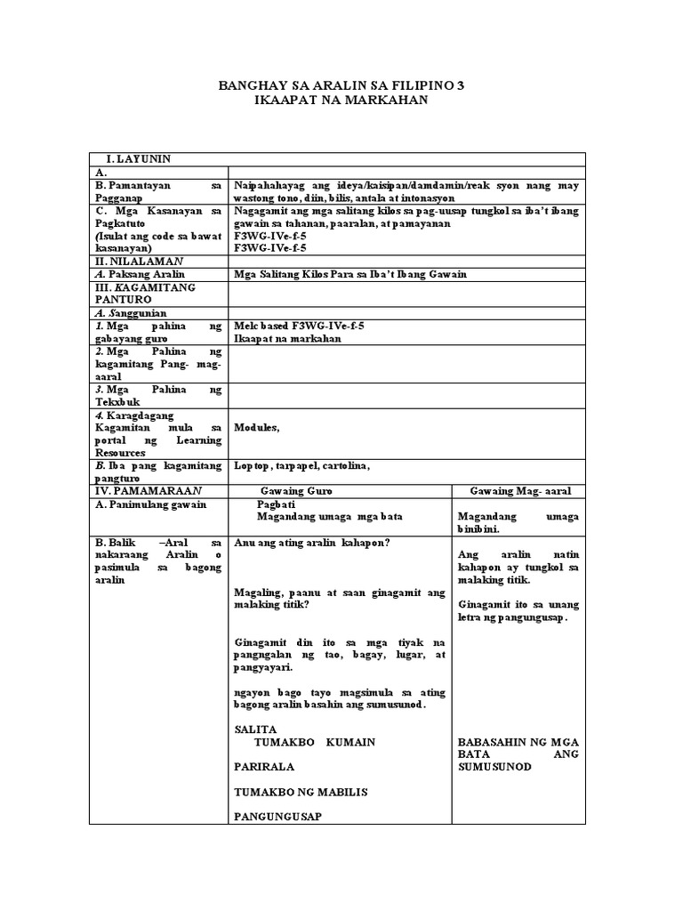 Banghay Sa Aralin Sa Filipino 3 | PDF