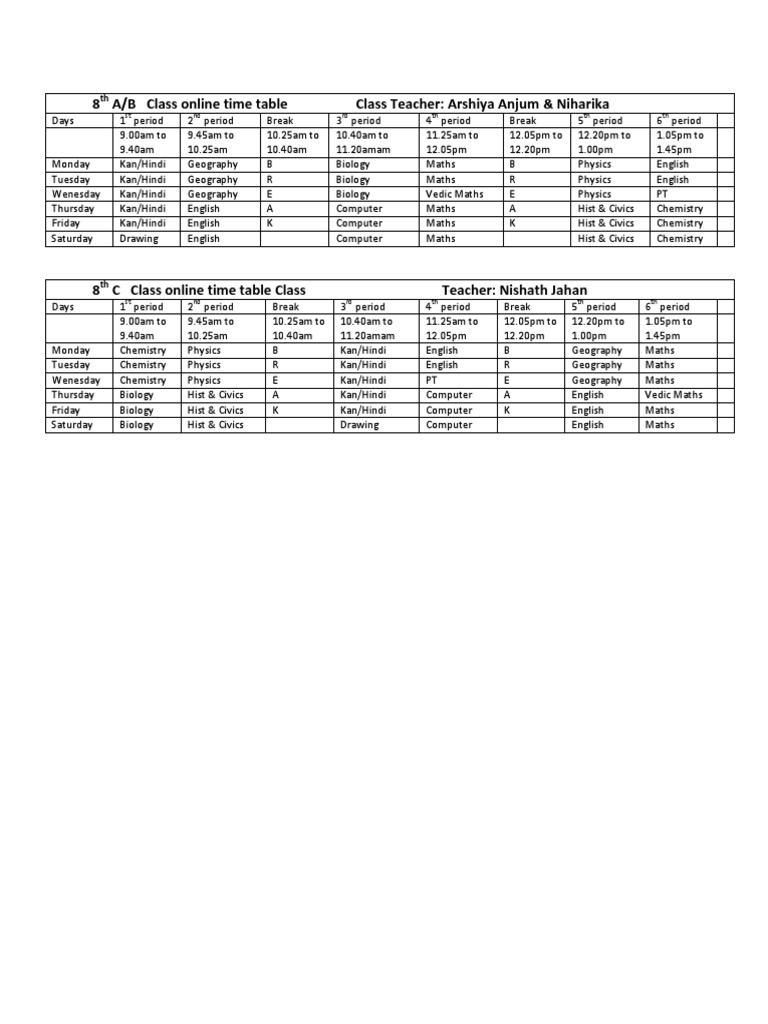 Eight STD Time Table | PDF