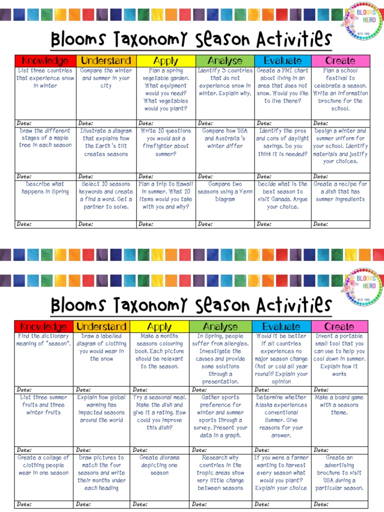 Bloom's Taxonomy Seasons Sheet BLOOMSHERO | PDF | Cognition | Cognitive ...