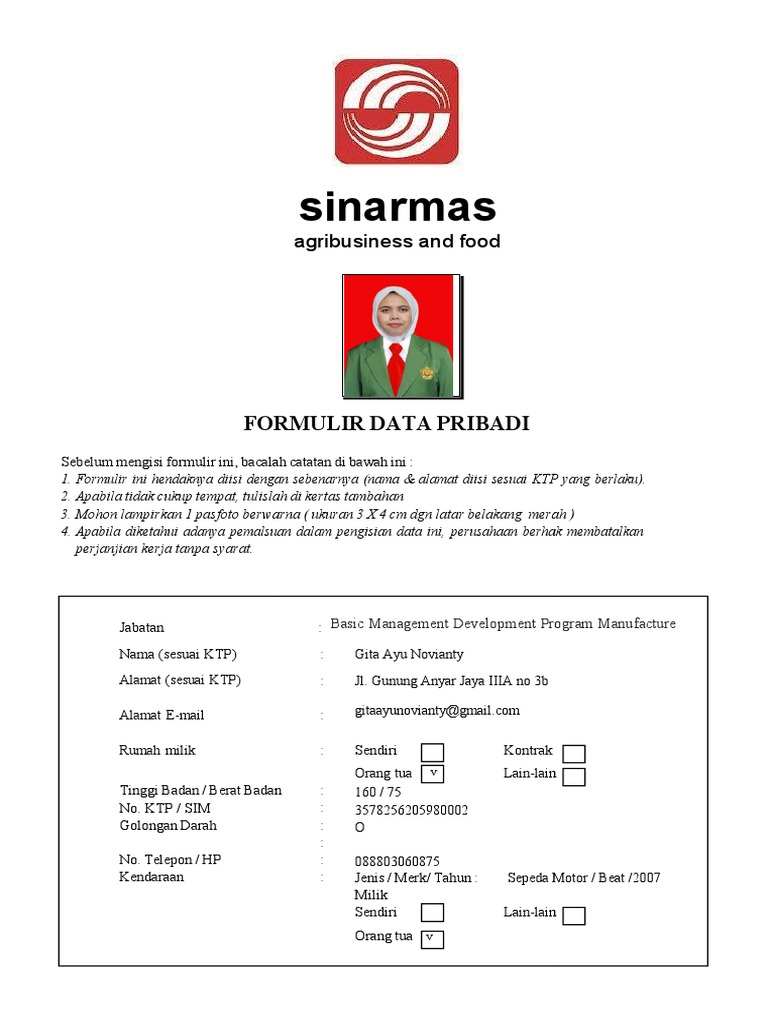 Application Form Sinarmas Agribusiness | PDF