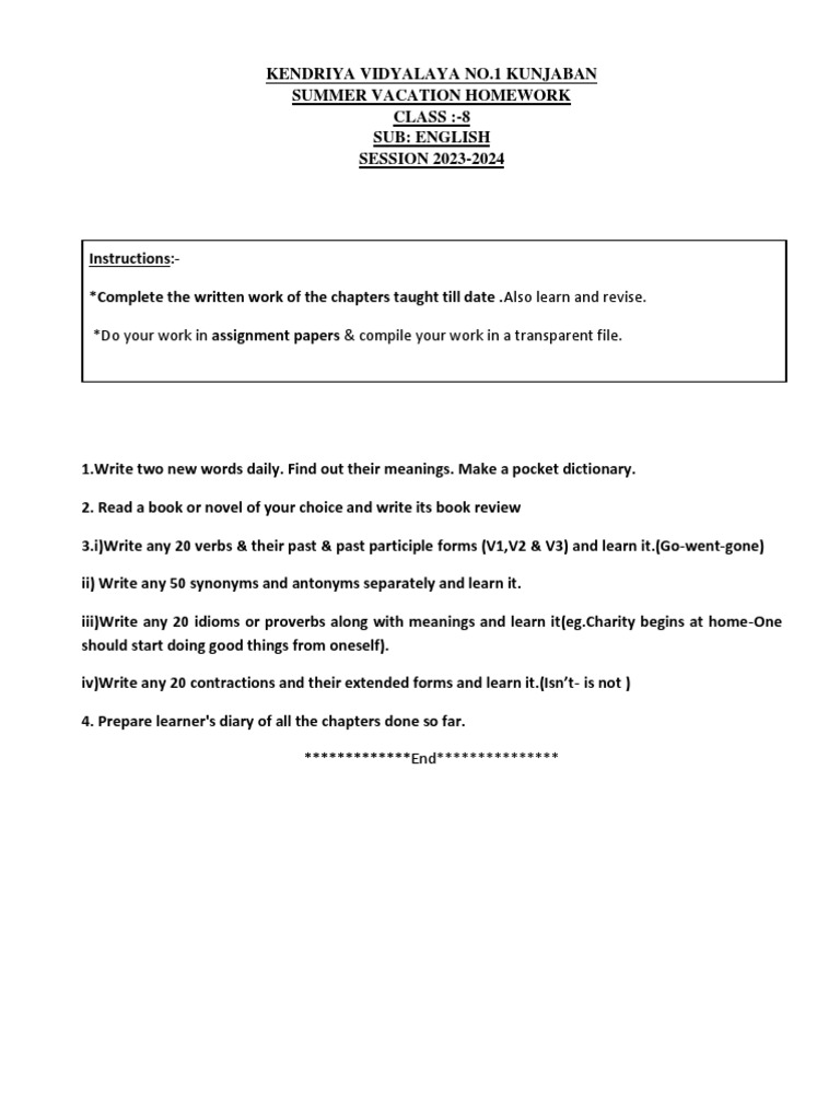 Summer Vacation Homework Cover Page | PDF