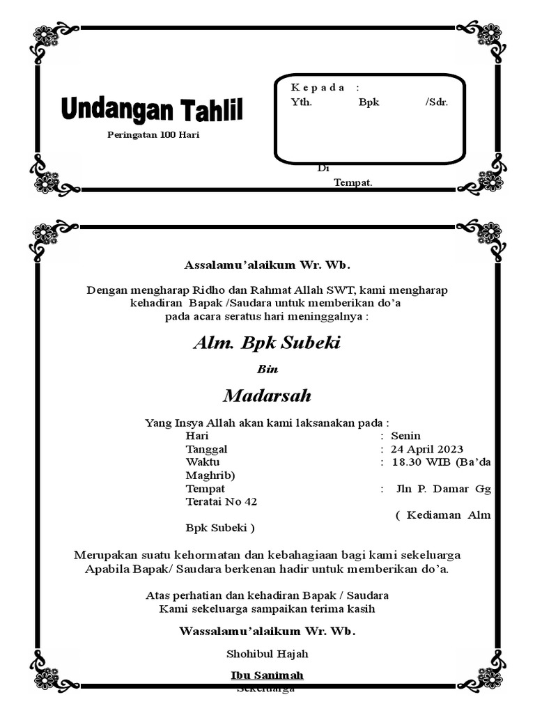 Undangan Tahlil 100 Hari | PDF