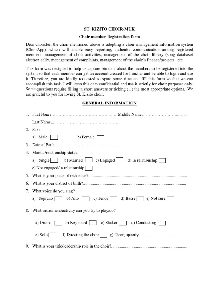 Choir Registration Form | Download Free PDF | Choir