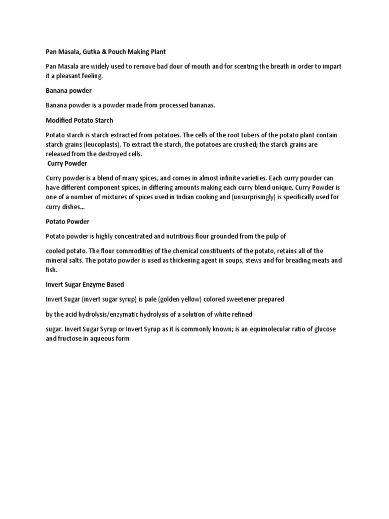 Key Ingredients and Production Processes for Pan Masala, Gutka and ...