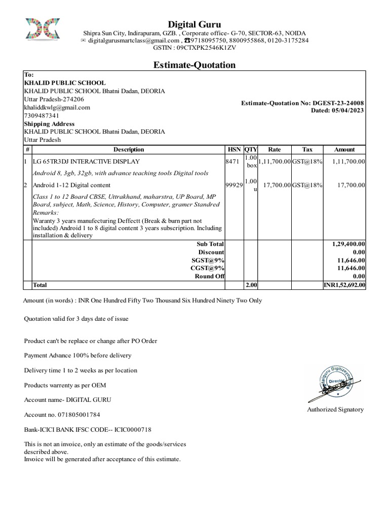 Estimate-Quotation - DGEST-23-24008 | PDF | Payments