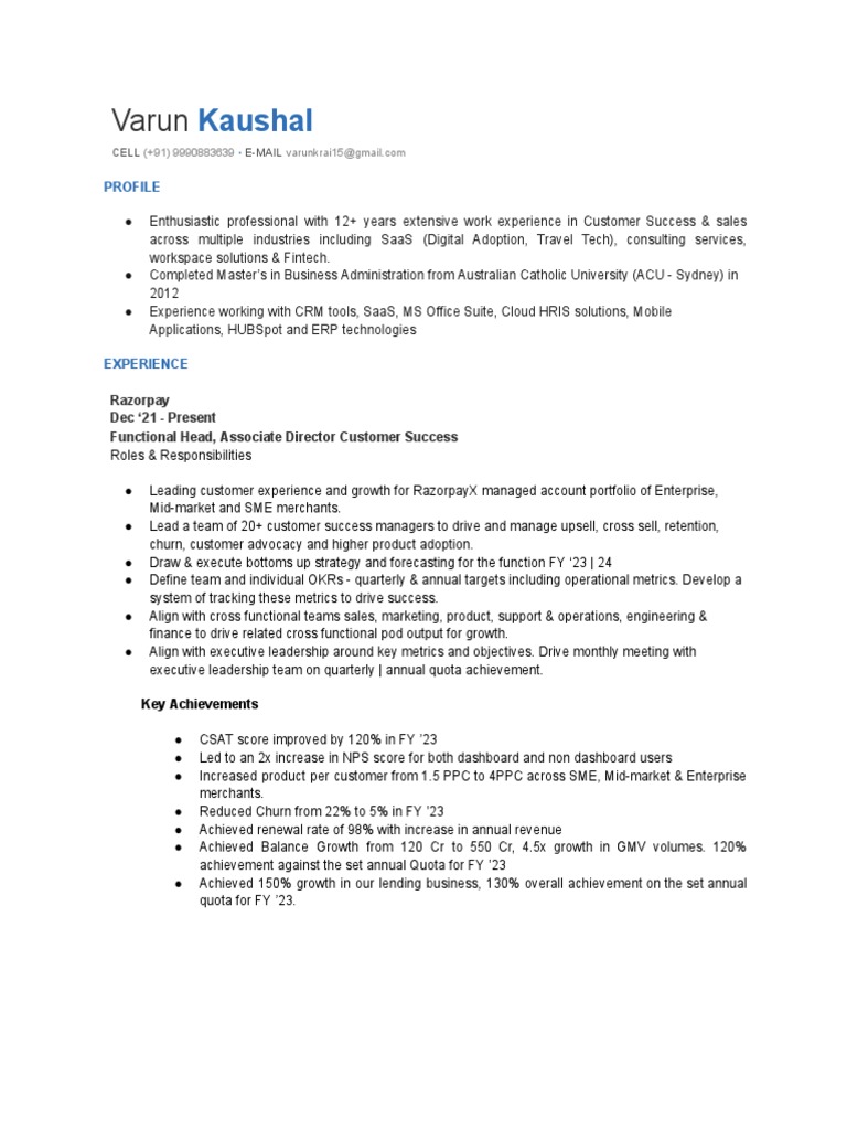 CV Varun Kaushal | PDF | Customer Relationship Management | Sales