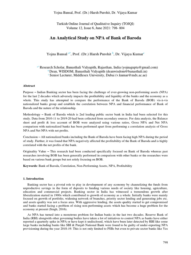 An Analytical Study On NPA of Bank of Baroda: Yojna Bansal, Prof. (DR.) Harsh Purohit, Dr ...